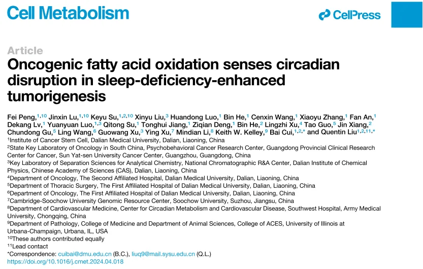 Cell Metab | 睡眠不好会促癌，身体如何感知节律紊乱？刘强团队发现脂肪酸氧化能够感受节律紊乱_缺失_研究_肿瘤