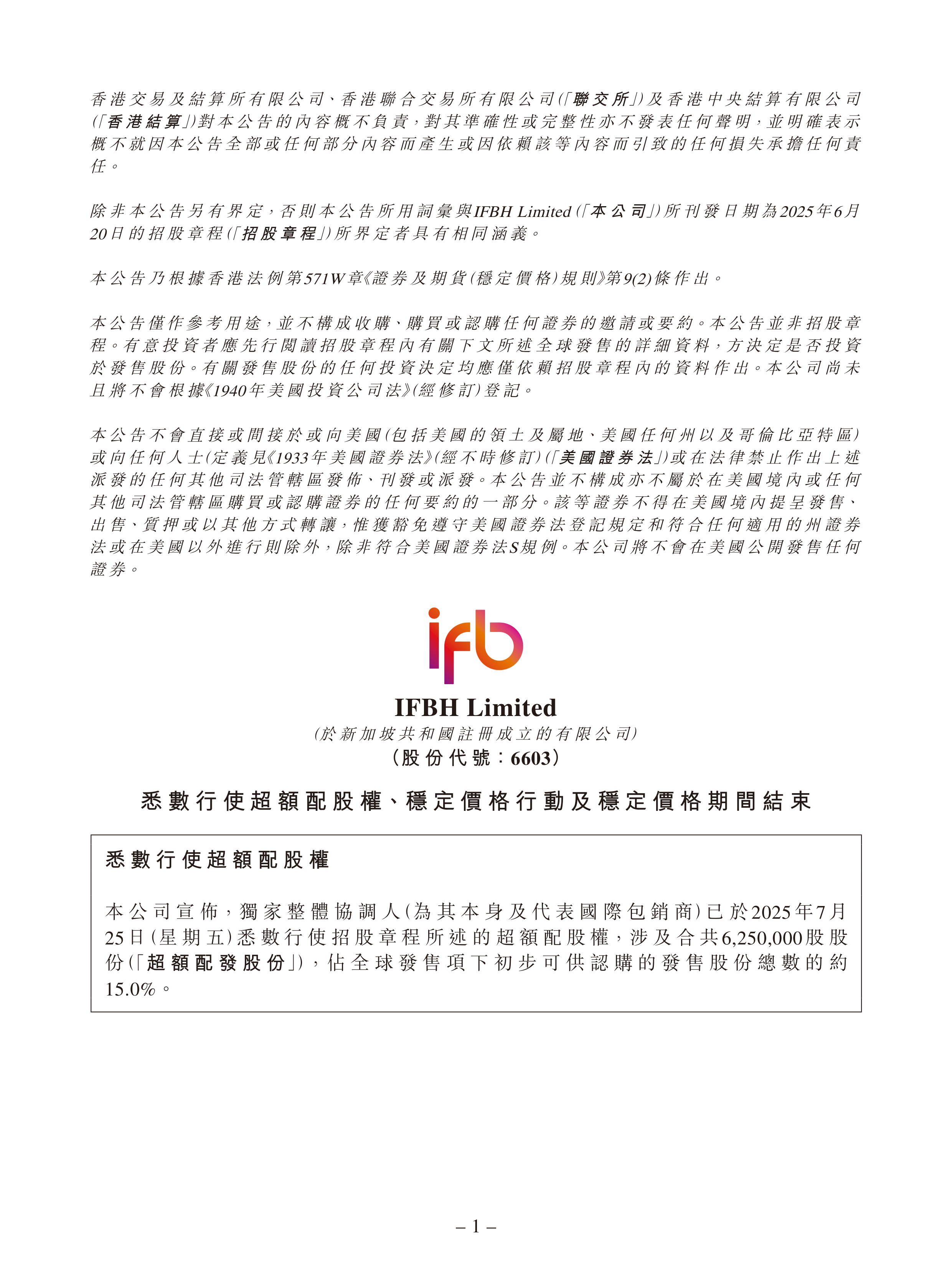 深沪京-公告-IFBH-悉数行使超额配股权、稳定价格行动及稳定价格期间结束
